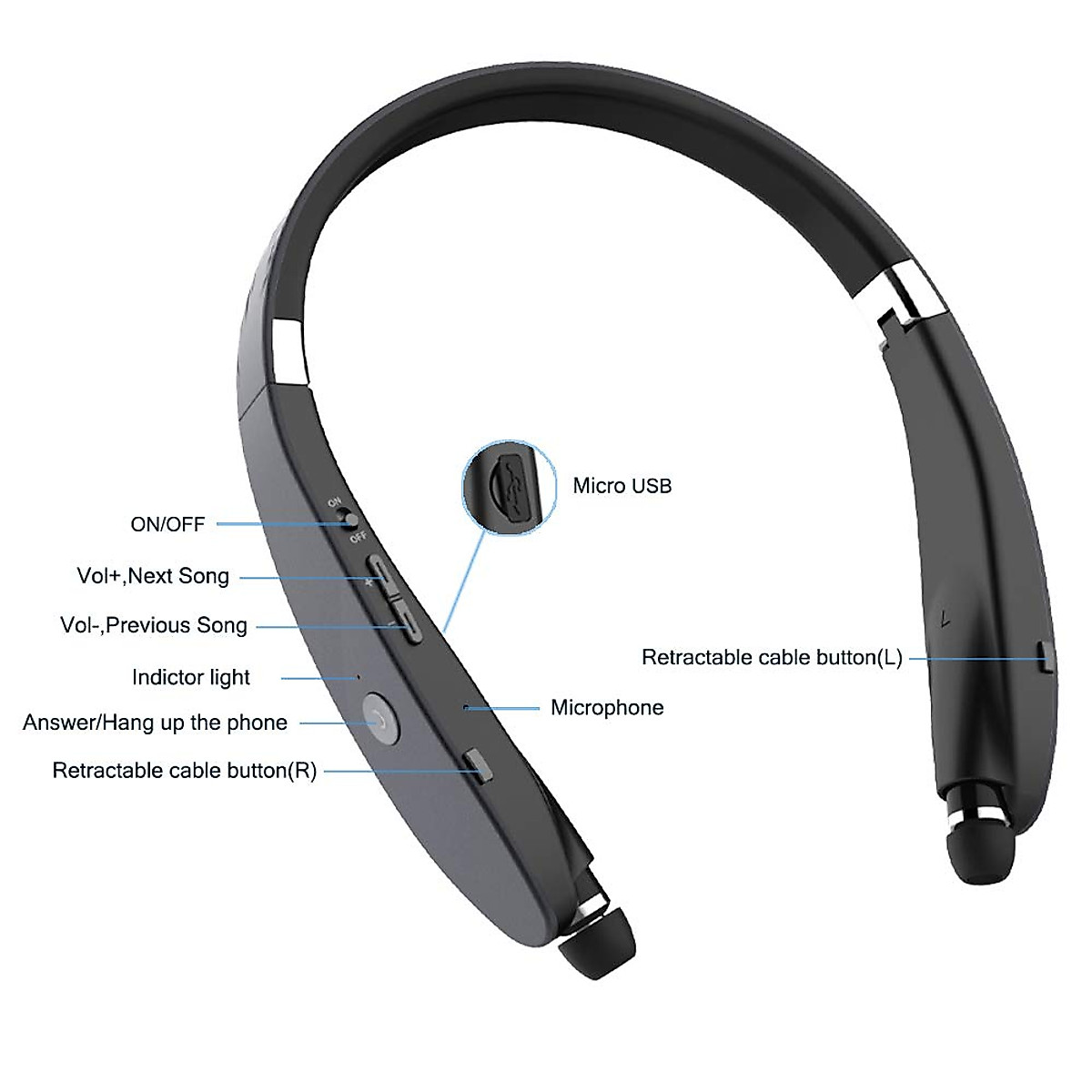 BEARTWO Foldable Bluetooth Headset, Lightweight Retractable Bluetooth Headphones for Sports&Exercise, Noise Cancelling Stereo Neckband Wireless Headset (with Carry case) (Gray Matte)