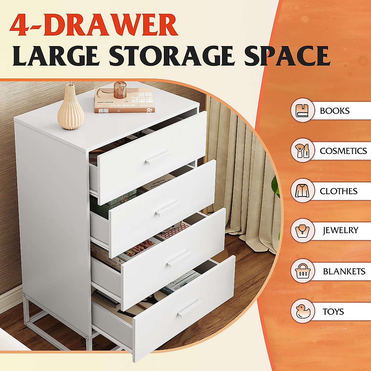 WLIVE Wood Dresser for Bedroom with 4 Drawers, Nightstand, Chest of Drawers, Tall Dresser Drawers with Sturdy Metal Frame for Hallway, Living Room, Closet, White