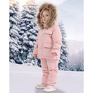 Toddler Girl Snowsuit 2Pcs Kids Down Jacket Winter Hooded Coat +Snow Bib Pants Kids Windproof Skiing Suit (3T/4T,Pink)