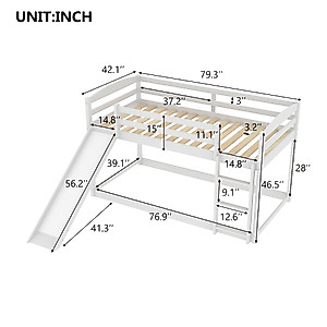 Twin Low Bunk Bed, Solid Wood Twin Over Twin Bunk Bed Frame with Full Guardrails & Integrated Ladder, Floor Twin Bunk Beds for Kids Boys and Girls, No Box Spring Needed(White with Convertible Slide)
