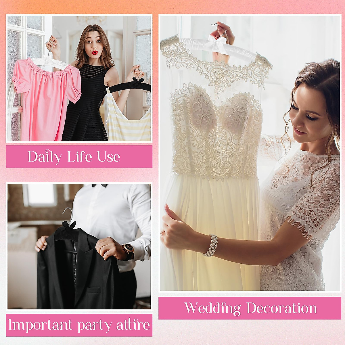 Beeveer 2 Pack 15 Inch Satin Padded Hangers Bride Groom Hanger Wedding Hangers Wedding Dress Suit Hanger White and Black No Shoulder Bump Hangers Wedding Party Suplies