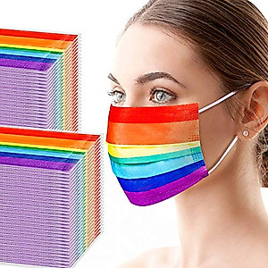 Tomorotec 60PCS Face Masks Disposable Adult Unisex Rainbow Colors Individually Packaged Purple Elastic Ear Loops 3-Layer Light Soft Fit