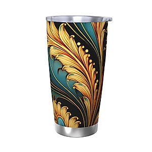 AYCZN Ethnic Peacock Feather 20 OZ Tumbler Stainless Steel Travel Coffee Mug, Mandara Flower Floral Insulated Water Bottle with Lid and 2 StrawsLeakproof Thermal Cup