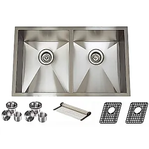 KABCO 32 Inch 16 Gauge Extra Thick Undermount Zero Radius Double Bowl Handmade Kitchen Sink with Stainless Steel Sink Strainers Bottom Sink Grids and a Rolling Grid Combo Package