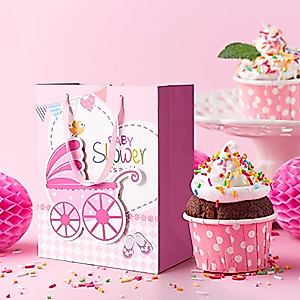 Gift Bags for Baby Shower - 2 Pack Glittery Baby Bags for Girls and Boys with Satin Ribbon Handles, Middle Size Baby Gift Bags with Lovely Pattern for Baby Shower, Guests, Favor Gifts and More (8.7’’x10.2’’x4.7’’, 1 Pack for Boy and 1 Pack for Girl)