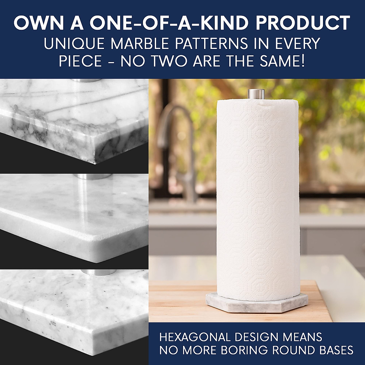 Marble Paper Towel Holder Stand - Modern Paper Towel Holder Dispenser with Hexagonal Heavy Marble Base, Easy Assembly- Paper Towel Holder Marble with Anti-Slip Pads - Standing Paper Towel Roll Holder