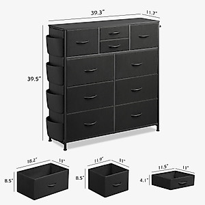WLIVE Dresser for Bedroom with 10 Drawers, Fabric Dresser Chest of Drawers with Side Pockets and Hooks, Sturdy Metal Frame, Drawers Organizer Unit for Living Room, Hallway, Black
