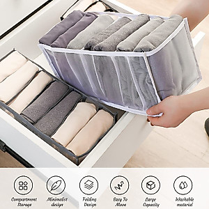 Aposemo Clothes Organizer Drawers Wardrobe Compartment Separation Underwear Portable 7 Grids Storage Box Mesh Washable (2 Pcs Grey Small+Grey Large)