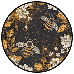 OMFUNS Animal Bee Round Area Rug Bedroom 5.2 Ft, Daisy Floral Circle Floor Mat Non-Slip Washable Accent Throw Rugs Carpet for Living Room Kids Room Nursery Entryway Laundry