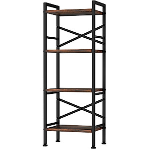 GIOTORENT 4 Tier Book Shelf, Small Bookshelf Storage Organizer, Tall Narrow Bookcase with Storage Shelves, Wooden Industrial Office Shelves for Bedroom, Living Room, Rustic Brown