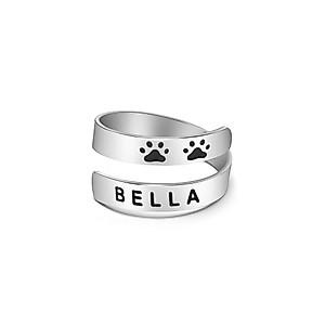 Yiyang Memorial Gifts Customized Pet Name Rings for Her Puppy Funny Dainty jewelry with Paw Print Pet Name Bella for Women Men Dog Cat Lover