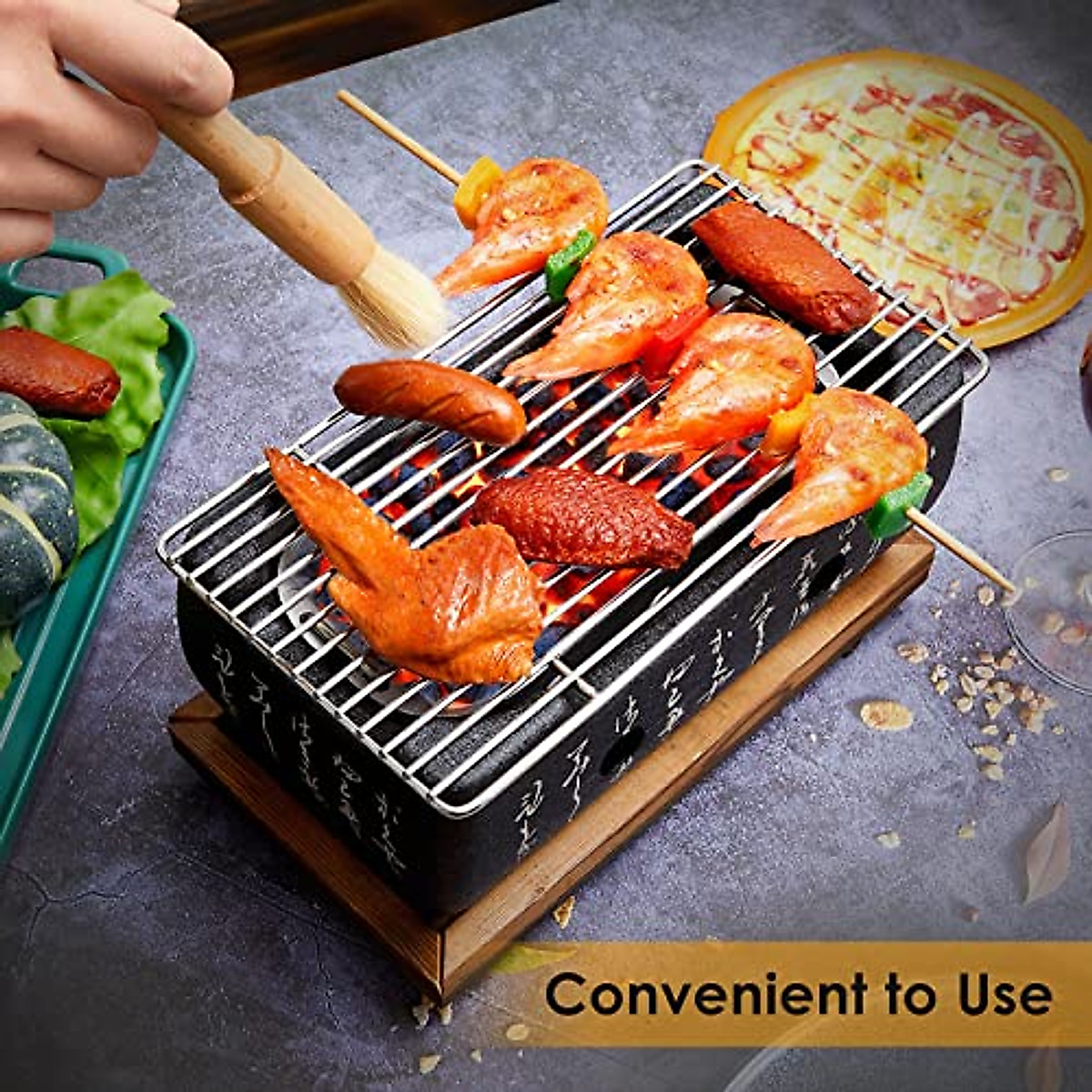 Japanese Style Grill Portable Japanese Barbecue Grill Aluminum Alloy Hibachi Grill Charcoal Stove Yakitori Grill Household Indoor Charcoal Grill with Wire Mesh Wooden Base (Rectangular Style)