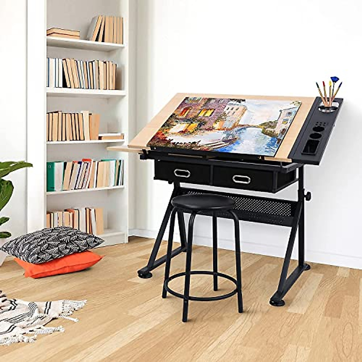 BBBuy MDF Drafting Table Desk Art&Craft Work Station Drawing Desk Height Adjustable Craft Table w/Stool and 2 Storage Drawers for Home Office School Study Room