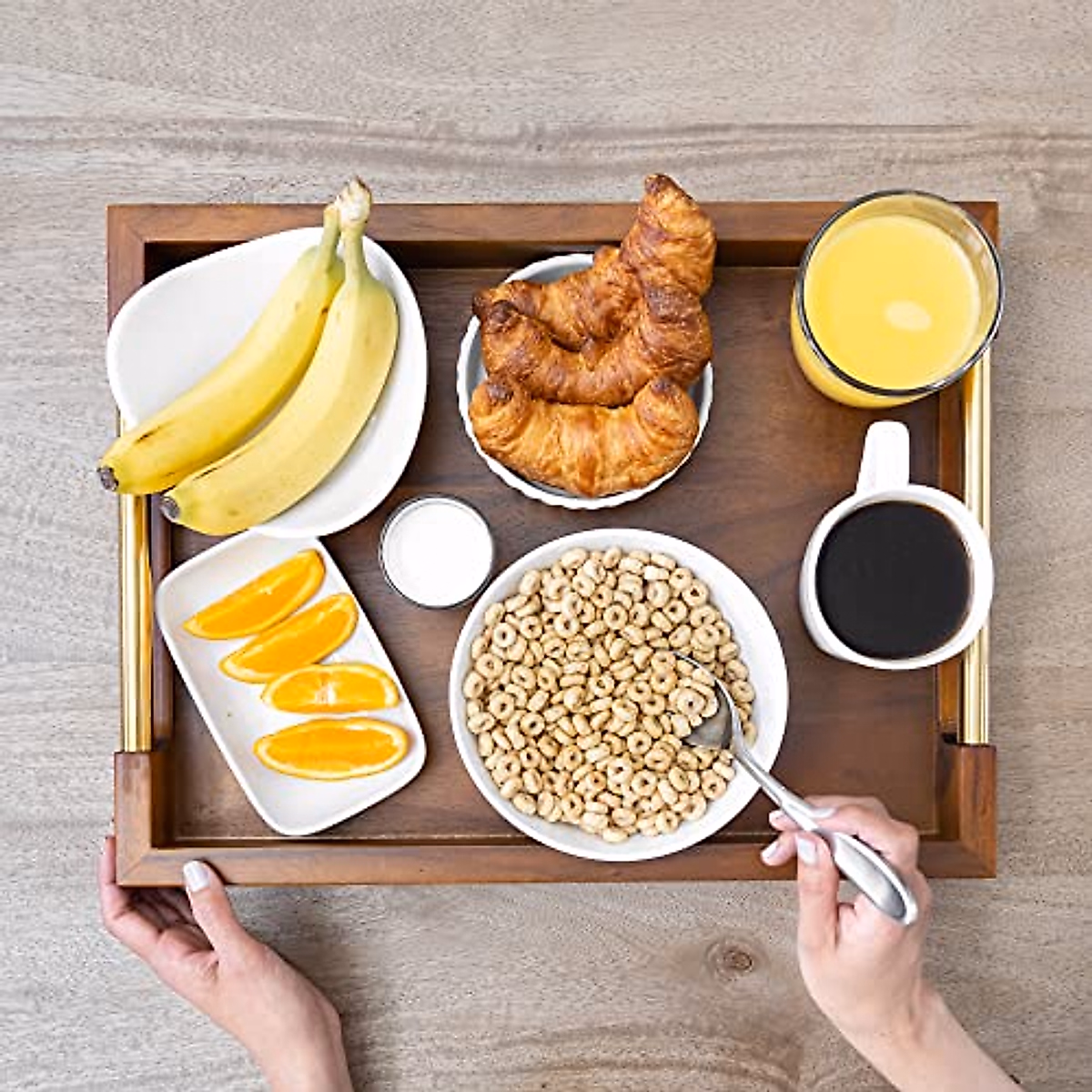 Multifunctional Luxury Acacia Wood Tray Set - Modern, Rustic Wood Serving Tray with Handles for Indoor & Outdoor Use – Luxurious Giftable Bundle with Large & Small Wood Serving Board & 4 Coasters