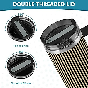 Flradish 40oz Tumbler with Handle, Stripes Khaki Black Stainless Steel Tumbler with Lid and Straws Double Wall Vacuum Insulated Leakproof Coffee Travel Mug