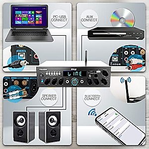 Pyle Wireless Bluetooth Power Amplifier System - 200W Dual Channel Sound Audio Stereo Receiver w/ USB, SD, AUX, MIC w/ Echo, Radio, LCD - For Home Theater Entertainment via RCA, Studio Use - PDA6BU.6