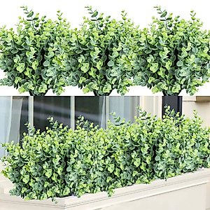 6 Bundles Artificial Boxwood Shrubs Eucalyptus Greenery Stems Fake Plants Outdoor Fade Resistant Faux Plastic Plants for Garden Home Porch Patio Window Box Bedoom Decor, Frosted Green