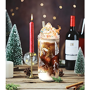 ANOTION Christmas Cups, 24oz Colored Christmas Mugs Useful White Elephant Gifts for Adults Holiday Mason Jars Glass Cups with Lid and Straw Tumbler Drinking Glasses Coffee Cups Gifts for Women Men