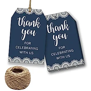 Thank You for Celebrating with Us Tags, 100Pcs Navy Blue Thank You Gift Tags for Wedding, Birthday, Baby Shower Party Favors, Paper Gift Tags with 100 Feet Natural Jute Twine.