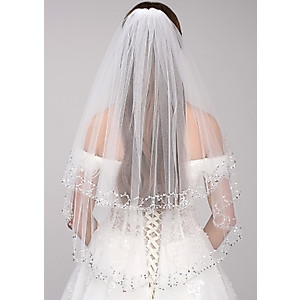 Malishow 2 Tiers Beaded Wedding Veil Sequin Pearl Edge Bling Bridal Veils New white