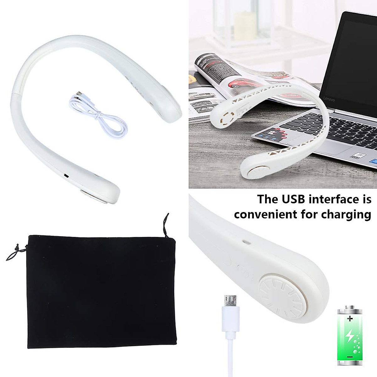 VIGIND Hands Free Neck Fan 360° Lazy Neckband Fan USB Rechargeable Battery Operated Hanging Personal Fan Adjustable Wind 3 Speed Silent,Bladeless Necklace Fan for Outdoor Sports Travel,With a bag