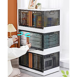 XTACO 3 Pack Stackable Storage Bins with Lids, 8.4 Gal Collapsible Storage Bins, Wardrobe Closet Organizer, Foldable Plastic Storage Container with Door, Crate for Book Storage