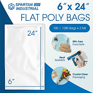 Spartan Industrial - 6” X 24” (100 Count) 2 Mil Heavy Duty Flat Open End Clear Plastic Poly Bags - For Wigs, Popcorn, Posters and More (Bags DO NOT Have Seal & DO NOT Have Prints)