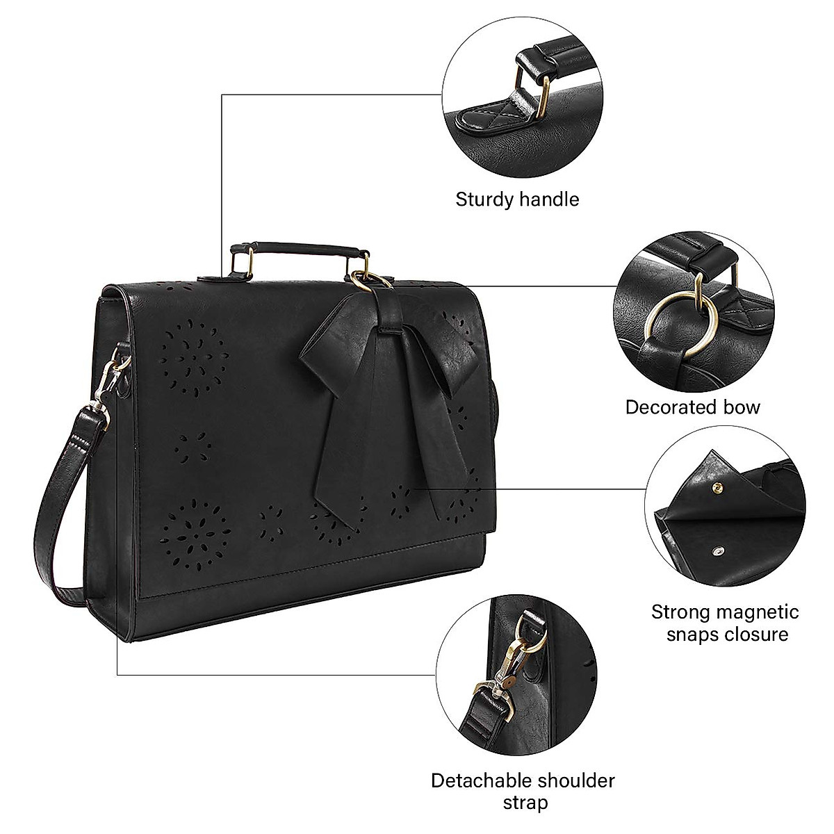 ECOSUSI Briefcase for Women Laptop Bag for Work Briefcase Crossbody Messenger Bags Vegan Leather Satchel Purse Fit 14 Inches Laptop, Black