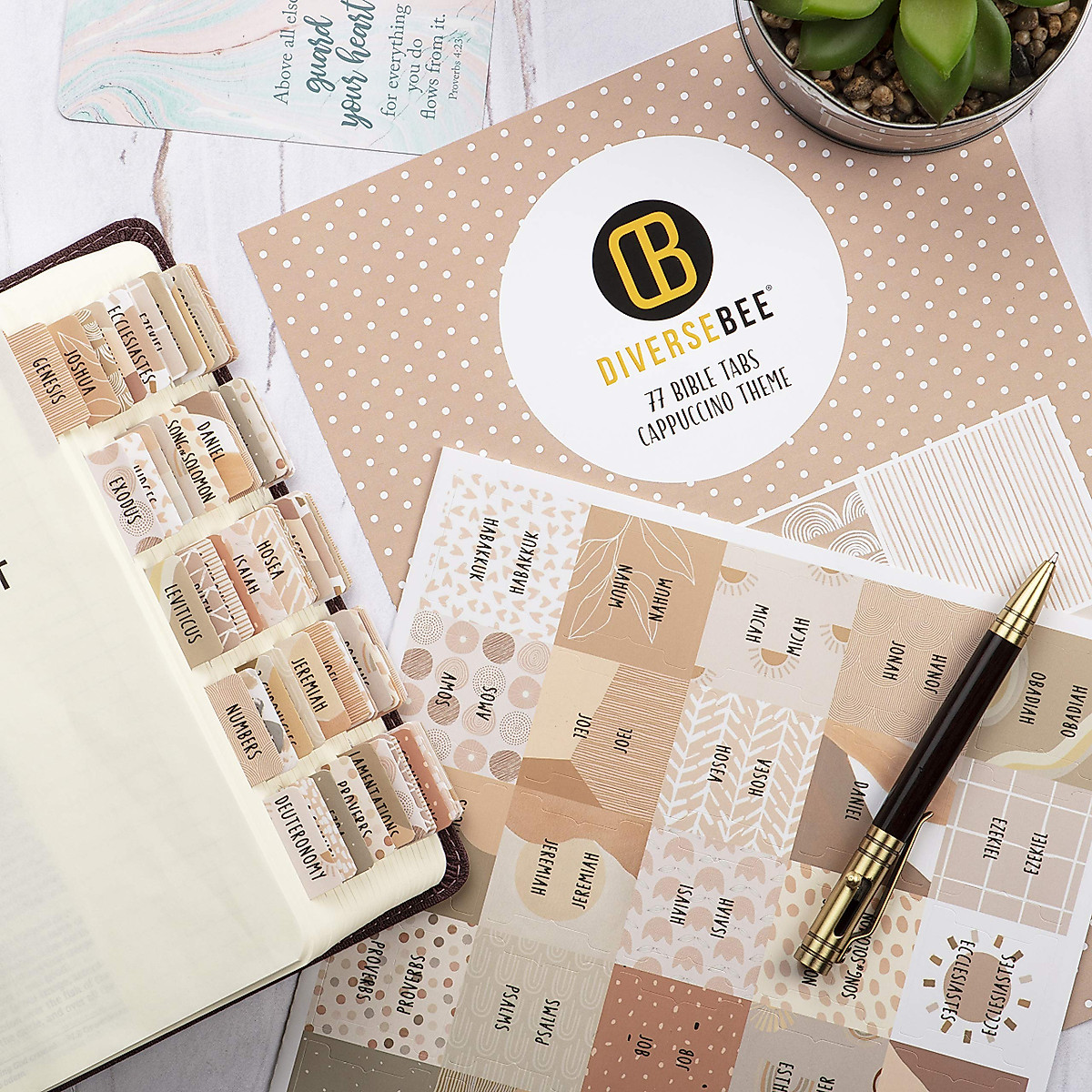 DiverseBee Laminated Bible Tabs (Large Print, Easy to Read), Bible Journaling Supplies, Bible Book Tabs, Christian Gift, 66 Bible Tabs Old and New Testament, Includes 11 Blank Tabs - Cappuccino Theme