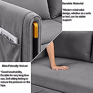 HomSof Modern Convertible Detachable Arm Pockets Velvet Loveseat Sofa with Pull Out Bed, 2 Pillows and Living Room Adjustable Backrest, Grid Design Armrests, Style D, Grey