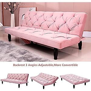 66"Modern Velvet Futon Sofa Bed,Convertible Folding Sleeper Sofa with 3 Angles Adjustable Back,Wood Legs,Small Couch Bed Recliner for Small Space,Living Room Bedroom Apartment Dorms Office (Pink)
