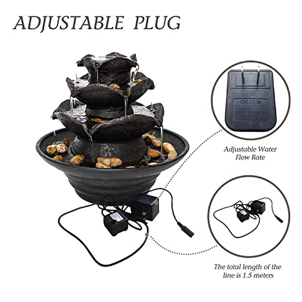 AOC 3 Tier Tabletop Fountain Indoor with LED Lights Water Fountain, Relaxation Tabletop Fountain Includes Many Natural River Rock, Mini Desktop Water Fountain for Living Room Bedroom