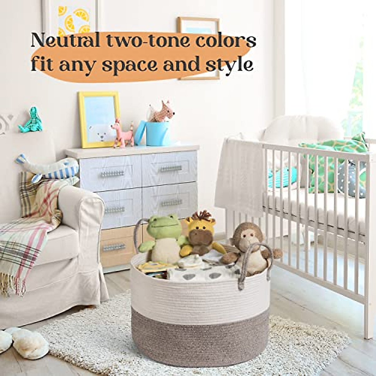 Luxury Little XXXL Nursery Storage Basket, 22 x 22 x 14 inches - 100% Cotton Rope Basket with Handles, Laundry Basket for Toys, Blankets and Pillows - Off White & Beige