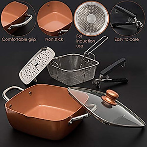 Moss & Stone Copper 6 Piece Set Chef Cookware, Non Stick Pan, Deep Square Pan, Fry Basket, Steamer Tray, Dishwasher & Oven Safe, 5 Quart Copper Pot Set, Copper Induction Cookware Set