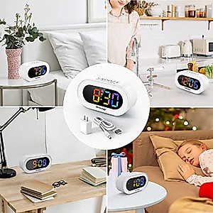 REACHER Small Colorful LED Digital Alarm Clock with Snooze, Simple to Operate, Full Range Brightness Dimmer, Adjustable Alarm Volume, Outlet Powered Compact Clock for Bedrooms, Bedside, Desk, Shelf