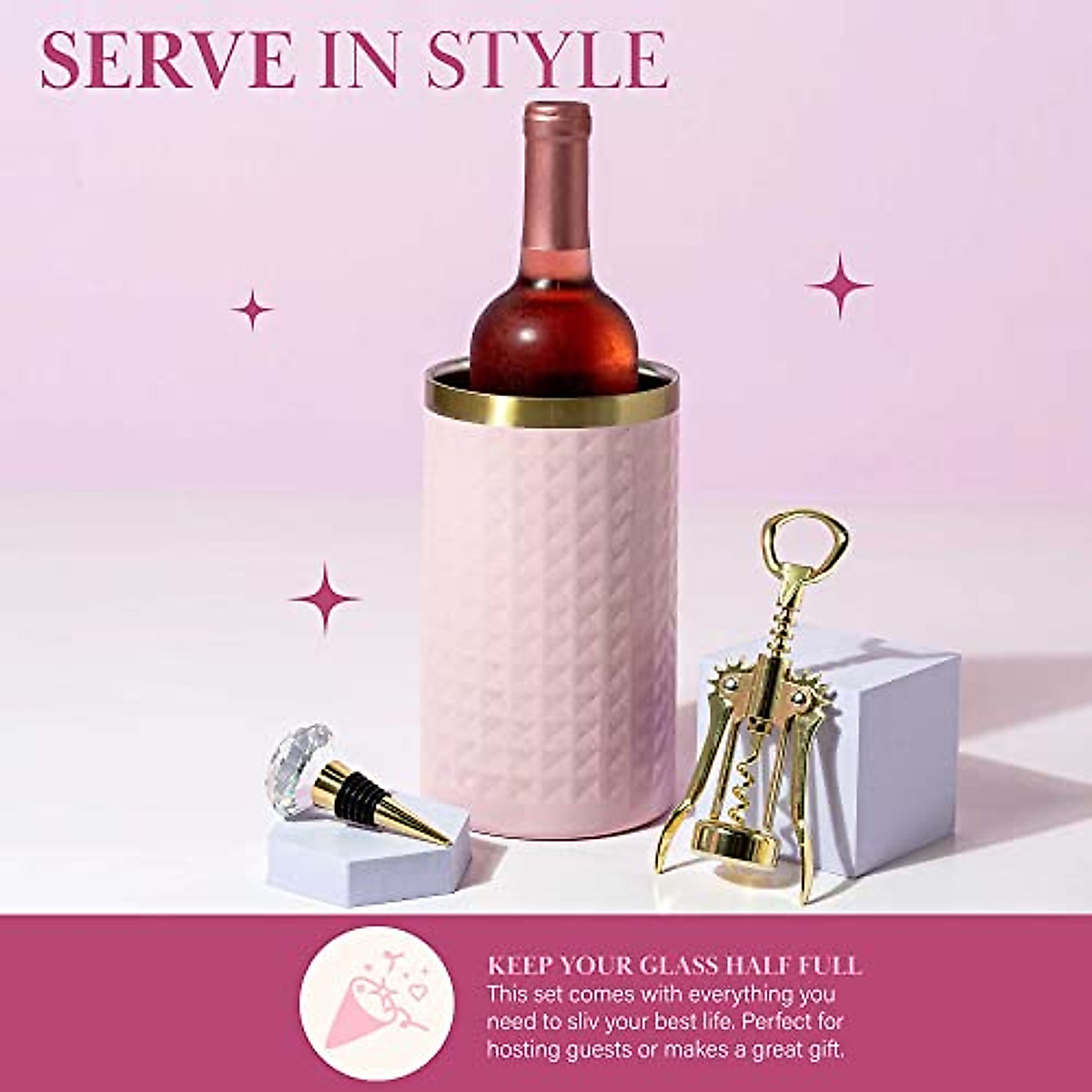 Paris Hilton Wine Bottle Chiller Set, Insulated Double Wall Chiller, Gold Winged Corkscrew Wine Bottle Opener, Diamond Wine Stopper, 3-Piece Set, Pink
