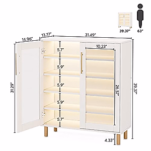 Tribesigns Shoe Cabinet with Acrylic Doors and LED Light, 24 Pairs Entryway Shoe Organizer Storage Rack with 5-Tier Adjustable Shelves for Narrow Closet, Hallway, Living Room (White & Gold)