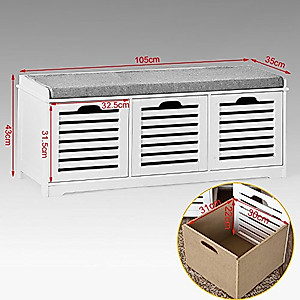 Haotian FSR23-W, White Storage Bench with 3 Drawers & Padded Seat Cushion, Hallway Bench, Shoe Cabinet, Shoe Bench