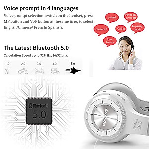 Bluedio Bluetooth 5.0 Headphones Over Ear, Wireless and Wired Bluetooth On-Ear Stereo Earphones Noise Cancelling Headsets with Microphone, Line-in/Line-Out//Voice Contrl (White)