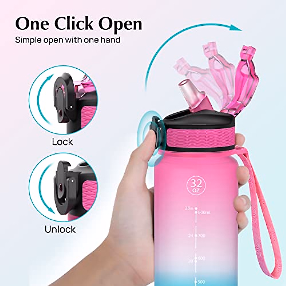 EYQ 32 oz Water Bottle with Time Marker, Carry Strap, Leak-Proof Tritan BPA-Free, Ensure You Drink Enough Water for Fitness, Gym, Camping, Outdoor Sports (Fuschia/Green Gradient)
