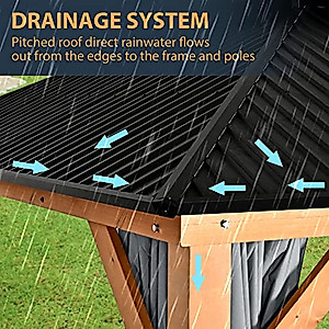 HAPPATIO 11' × 13' Wood Gazebo, Outdoor Hardtop Gazebo with Mosquito Netting and Curtains, Double Metal Roof Patio Gazebo Hard Top Gazebo for Garden, Patio, Deck, Parties (Grey)