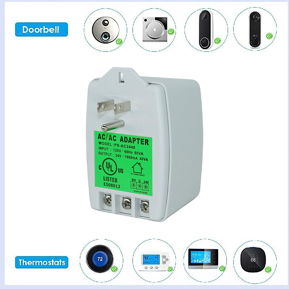 24VAC 40VA Plug in Doorbell Transformer Compatible with All of Doorbell Nest Ecobee Sensi and Honeywell Thermostat with UL Certificate