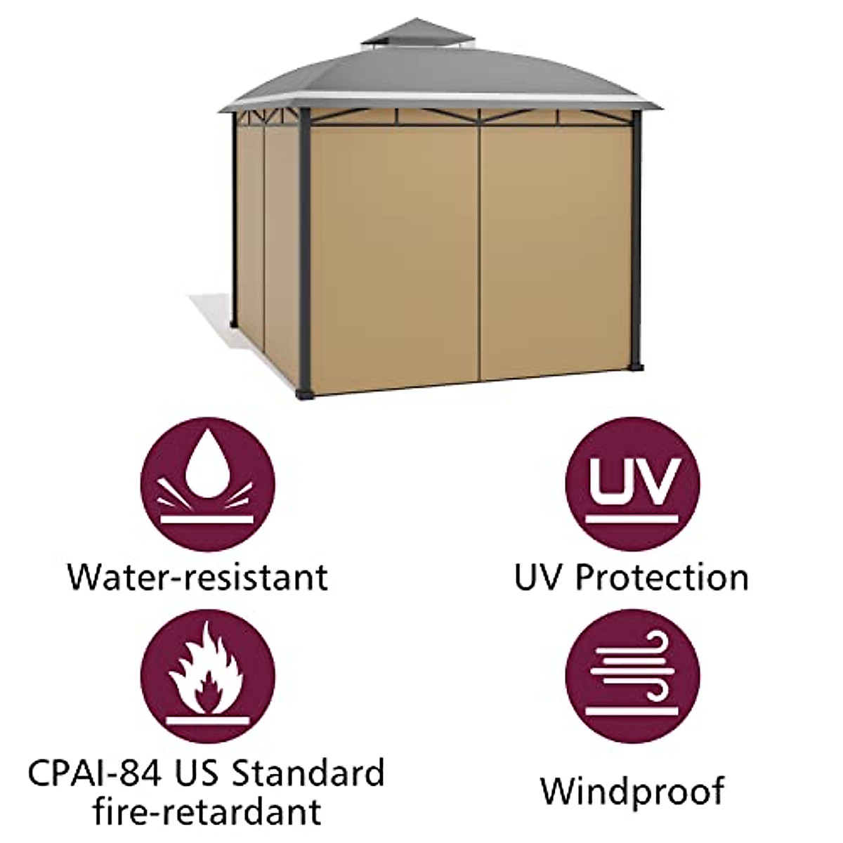 Tumjay Gazebo Privacy Curtain Universal Replacement 10’x10’ Gazebo Curtains Waterproof Outdoor Privacy Gazebo Side Wall Patio Canopy Privacy Shade Outside Sidewalls 1 Panel with Zipper（Khaki）