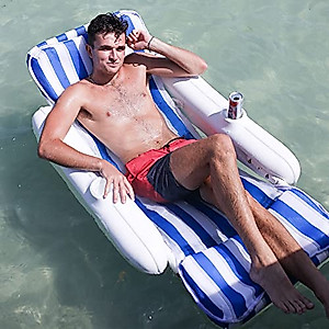 Swimline SunChaser Padded Floating Luxury Pool Lounger Sling Chair Float w/Extra Thick Headrest and 2 Cup Holders, Blue/White Stripe