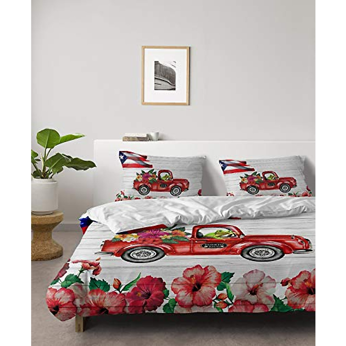 Puerto Rico Red Truck Duvet Cover Set Cali King,4 Pieces Funny Frog Hibiscus Flowers Bed Sheet Sets Soft Comforter Cover with Flat Sheet 2 Pillow Shams for Teen/Man/Woman/Toddler Flag Wood Grain