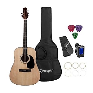 Boroughs B30DNT Dreadnought Acoustic Guitar Pack with Tuner, Gig Bag and Strap, Natural