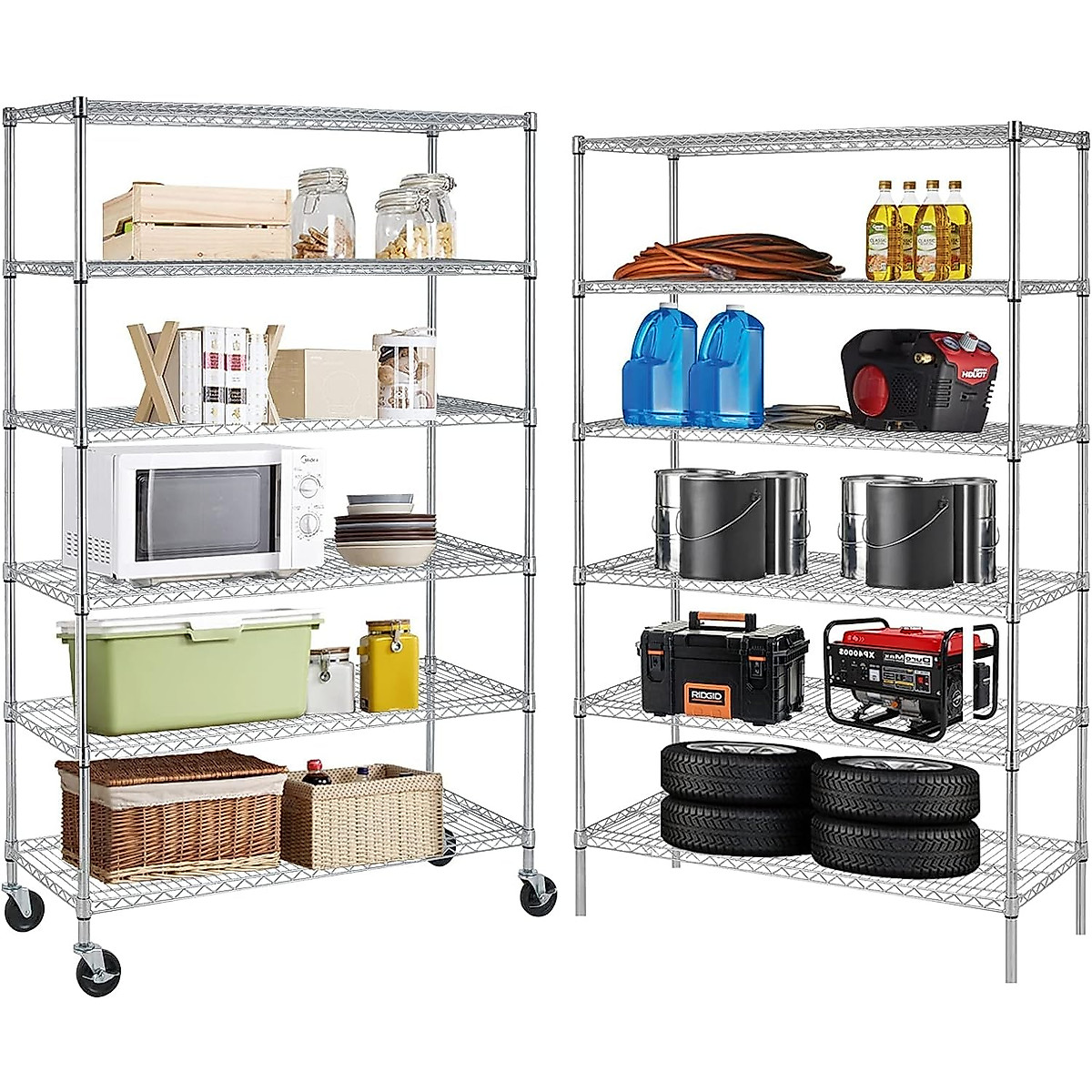 YRLLENSDAN 6000Lbs Capacity Adjustable Storage Shelves Heavy Duty Shelving Unit 6 Tier Metal Shelving with Wheels NSF Wire Shelving (48" W x 18" D x 72" H,Chrome)