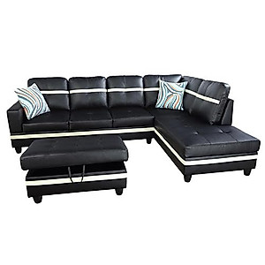 HOMVET PU L-Shaped Sofa Set with Right Chaise, Storage Ottoman,3 Piece Vegan Leather Sectional with 2 Toss Pillows,Square Arms,for Living Room/Apartment/Office,Black & White