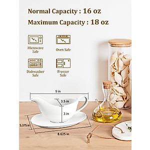 Yedio 18 oz Gravy Boat with Saucer, Large White Ceramic Gravy Boat, Boat and Tray for Turkey Beef Sauce, Salad Dressing, Creamer, Milk, Broth,Microwave and Dishwasher Safe