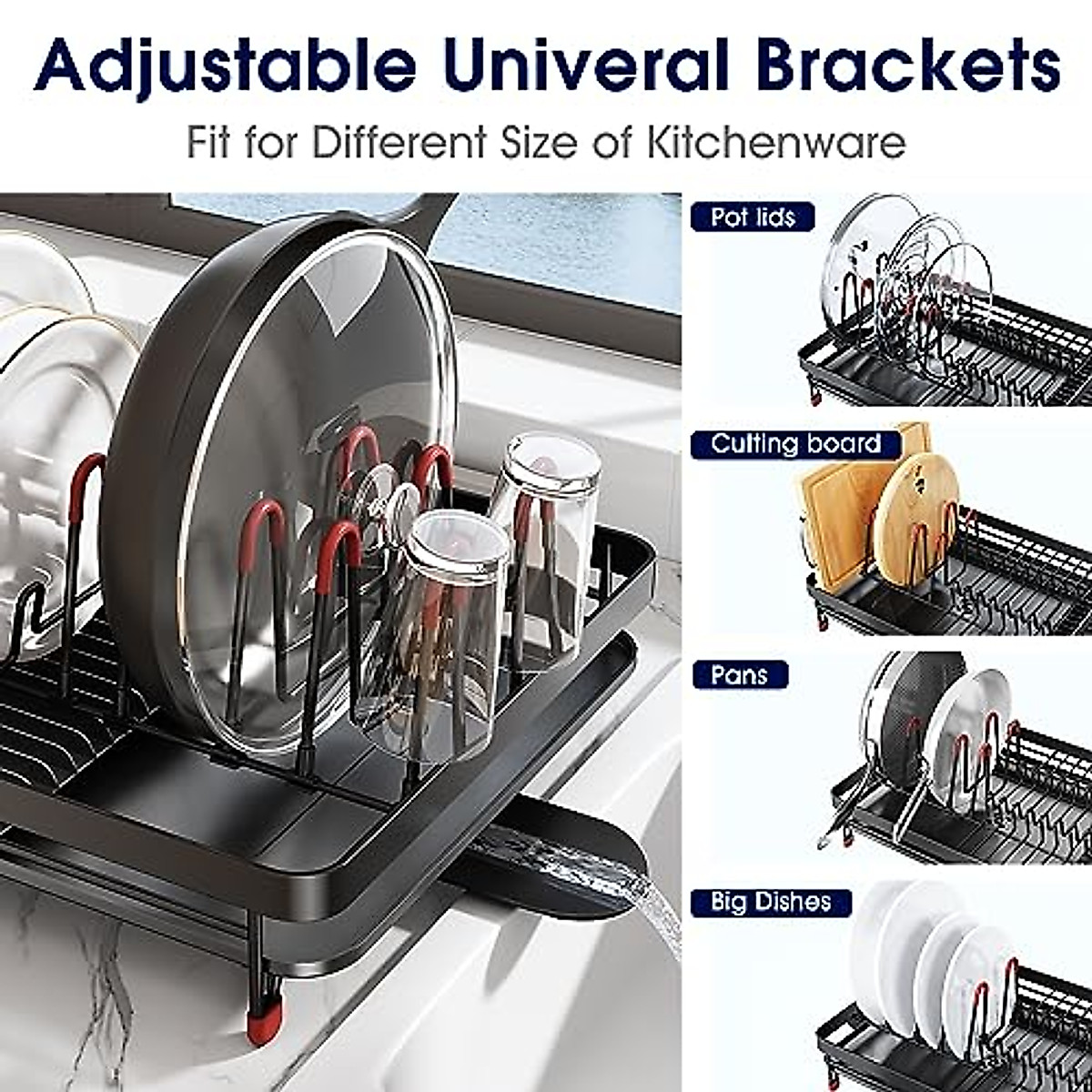 Dish Drying Rack, Expandable Dish Racks for Kitchen Counter, Multifunctional Extra Large Dish Strainers with Cutlery & Pan Holders, Extendable Anti-Rust Dish Drainers with Drainboard for Kitchenware
